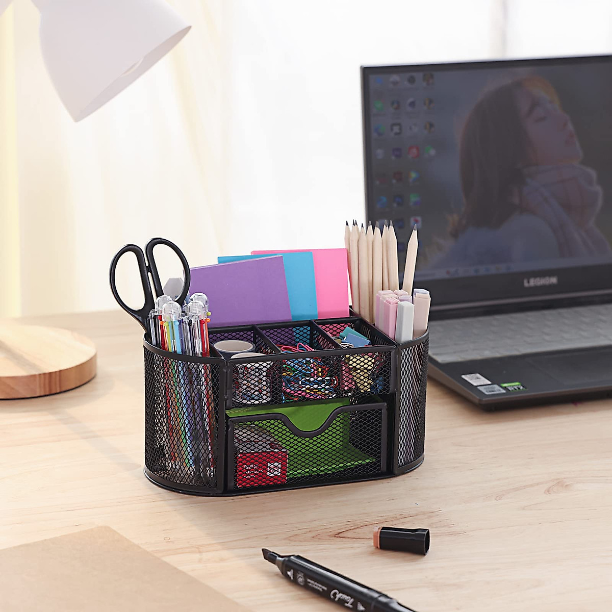 EOOUT Desk Organizers and Accessories, Pencil Holder for Desk, Mesh Office Desk Accessories with 8 Compartments and 1 Drawer Stationery Holder School Supplies