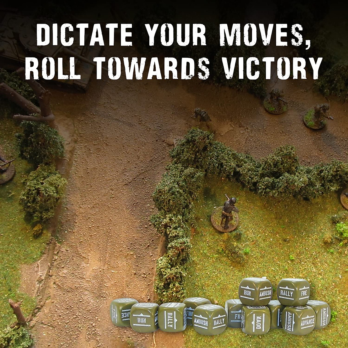 Wargames Delivered – Bolt Action Dice Orders D6 pack of 12 with Olive Drab Color and Actions Inscribed with White – Miniature Wargame Dice by Warlord Games (Olive Drab)