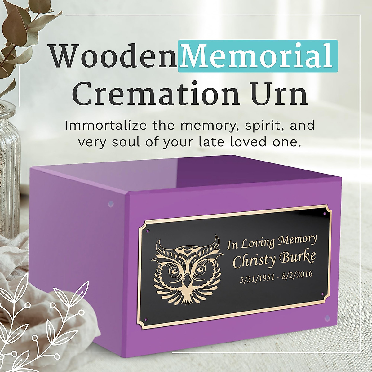 GetUrns Custom Engraved Heritage Purple Adult Cremation Urn Memorial Box for Ashes (Owl)