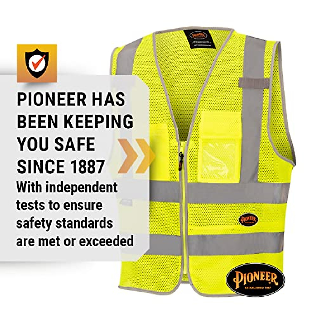 Pioneer Safety Vest for Men – Hi Vis Reflective Mesh Neon with 8 Pockets, Zipper Closure for Construction, Traffic, Security Work – Orange, Yellow/Green, V1025260U