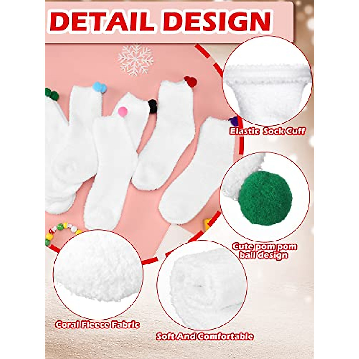 6 Pairs Women Pom Pom Socks with Balls Fuzzy Fluffy Socks for Women Winter Slipper Socks Crew Socks Stocking Stuffer Gifts (White)