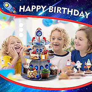 3 Tiers Rocket Space Station Cupcake Stand Outer Space Birthday Party Cardboard Cupcake Holder Decorations Galaxy Party Dessert Tower Solar System Party Supplies for Kids Space Themed Baby Shower