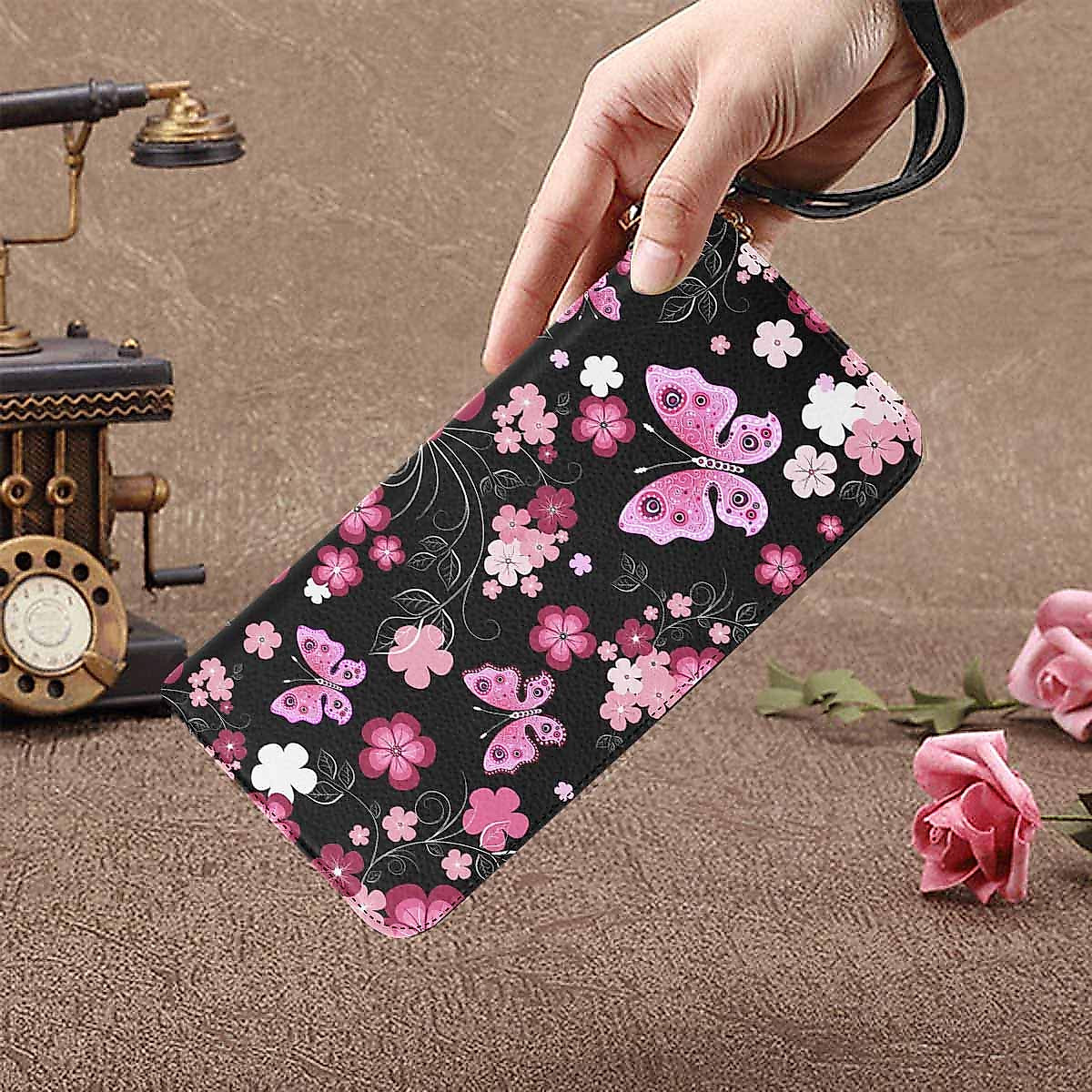 InterestPrint Women's Flower and Butterflies Wrist Strap Long Purse
