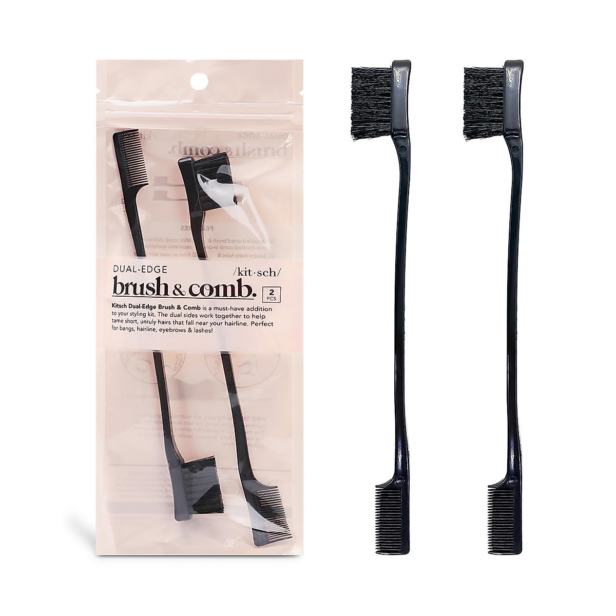 Kitsch Hair Edge Control Brush & Baby Hair Brush Comb Set, Double Sided Edge Fixer & Hair Styling Brush with Soft Nylon Bristles, Dual Edges for Grooming & Tame Flyaways, Combo Pack 2 Pieces (Black)