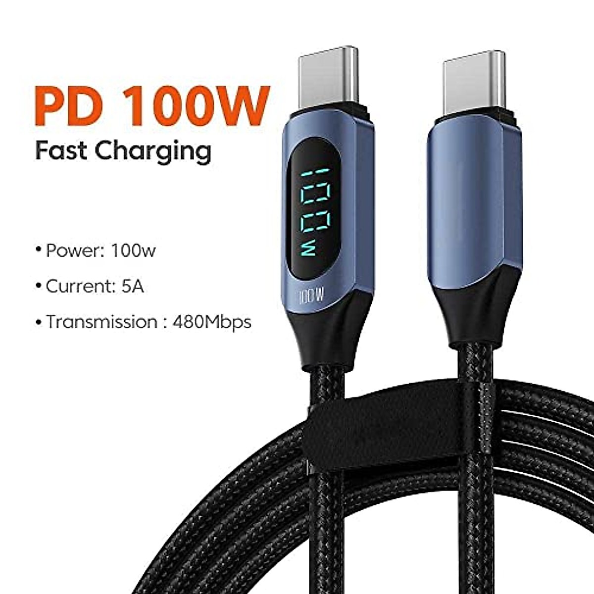 5A Type C to Type-C Cable Super Turbo Charging PD 100W Digital LED C to C Nylon Braided for Samsung High Stable Current Save PVC USB-C Charger Fast-Speed Data Sync Smart Chip 2Meter Length (2M-Blue)