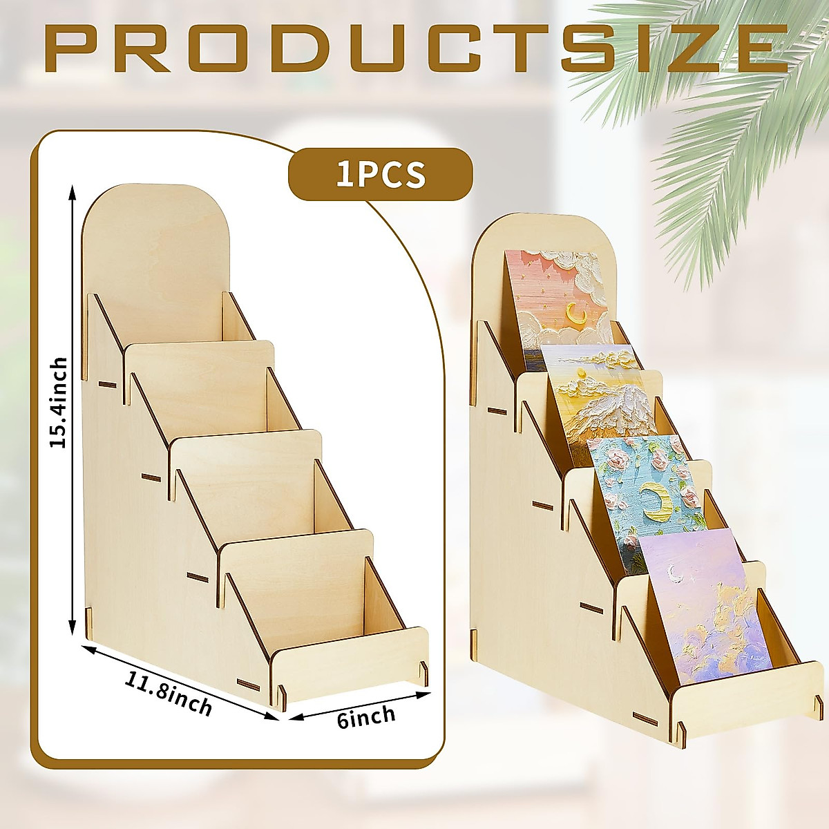 DoubleFill 4 Tier 4 Shelves Greeting Card Display Stand Sticker Display Stand Wood Portable Card Display Rack Multipurpose Greeting Card Holder Wooden Sticker Display Stand for Cards Stickers Photos