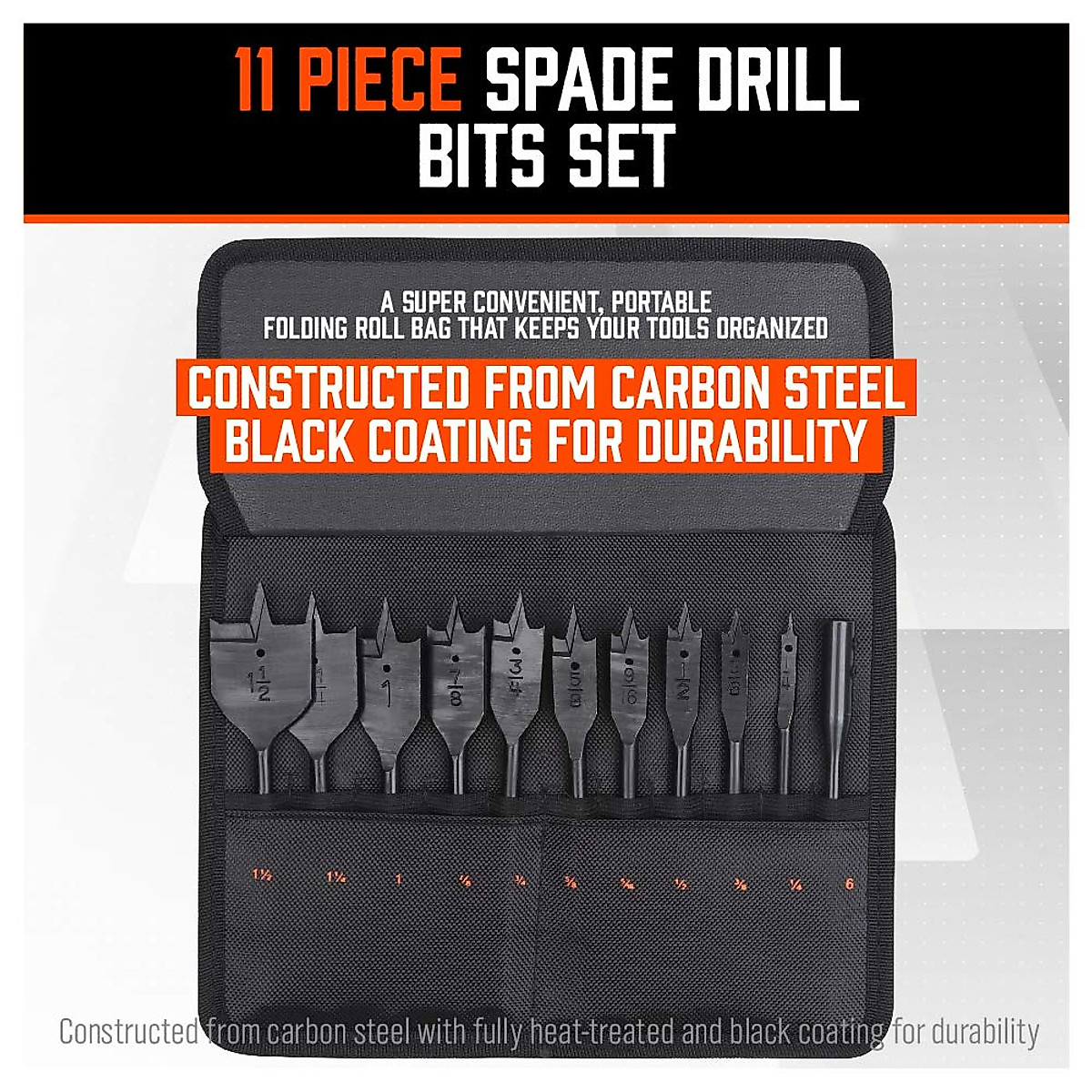 SEDY 11-Pieces Spade Drill Bit Set, Paddle Flat Bits with Extension for Woodworking, Industrial Grade Carbon Steel Black Coat, 1/4" to 1-1/2" with Storage Bag and Exquisite Packaging