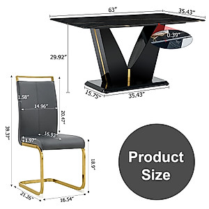 WEKEOT 7 Pieces Modern Dining Table Set 63" Faux Marble Dining Room Table with 6 PU Leather Chair Black Dining Table Set Rectangle Dinner Table Set for Kitchen, Restaurant