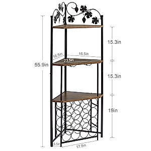VECELO 3-Tier Corner Wine Rack Freestanding Floor with Glass Holder, 16 Bottles, Wooden Home Liquor Bar Cabinet Storage Display Shelf for Kitchen Dining Room, Rustic Brown