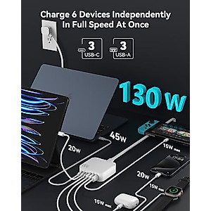 USB C Charger Block, 6 Ports Fast Wall Charger, 130W GaN III Charging Station with PD 45W, Dual PD 20W, 3 USB-A, 3 USB-C, QC, PPS, 6ft Cord, Compatible with iPhone, Galaxy, Pixel, MacBook air White