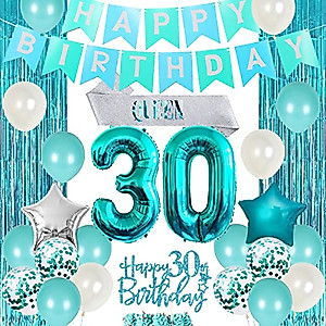 30th Birthday Decorations for Women Girls Teal - Queen Sash Happy Birthday Banner Cake Topper Number 30 Foil Balloon Foil Curtain for Turquoise Thirtieth Birthday Decorations Party Supplies for Her
