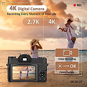 JUSTFX 4K Digital Camera,Vlogging Camera with WiFi for YouTube,Autofocus 16X Zoom 48MP Cameras Photography 64GB SD Card,Wide Angle & Macro Lens,2 Batteries,180°Flip Screen,Black