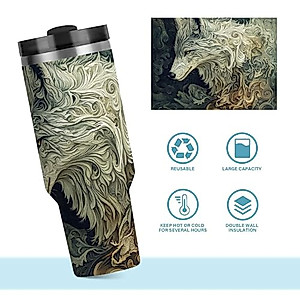 Selerdon 40 oz Tumbler Portrait Wolf with Handle and Straw Lid Vacuum Stainless Steel Insulated Water Bottle Travel Mug Car Cup Holder Friendly BPA Free for Gym Travel Office