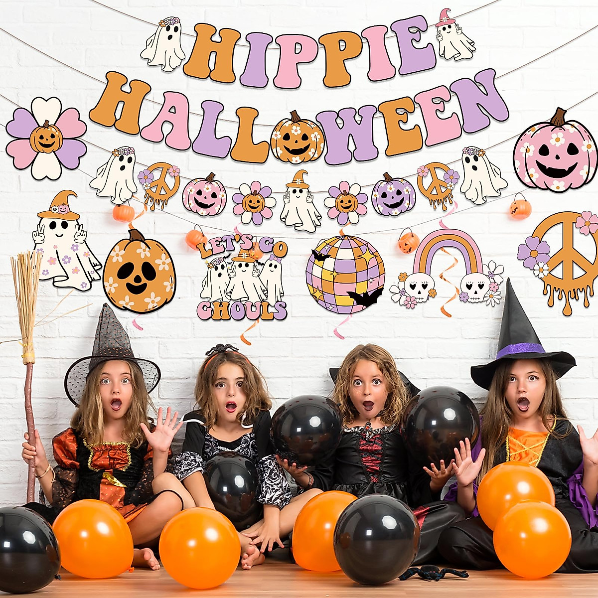Hippie Halloween Decorations, Groovy Hippie Decorations includes Groovy Happy Halloween Banner, Groovy Garland and Hippie Halloween Decor Hanging Swirls, Hippie Retro Hippie Decorations