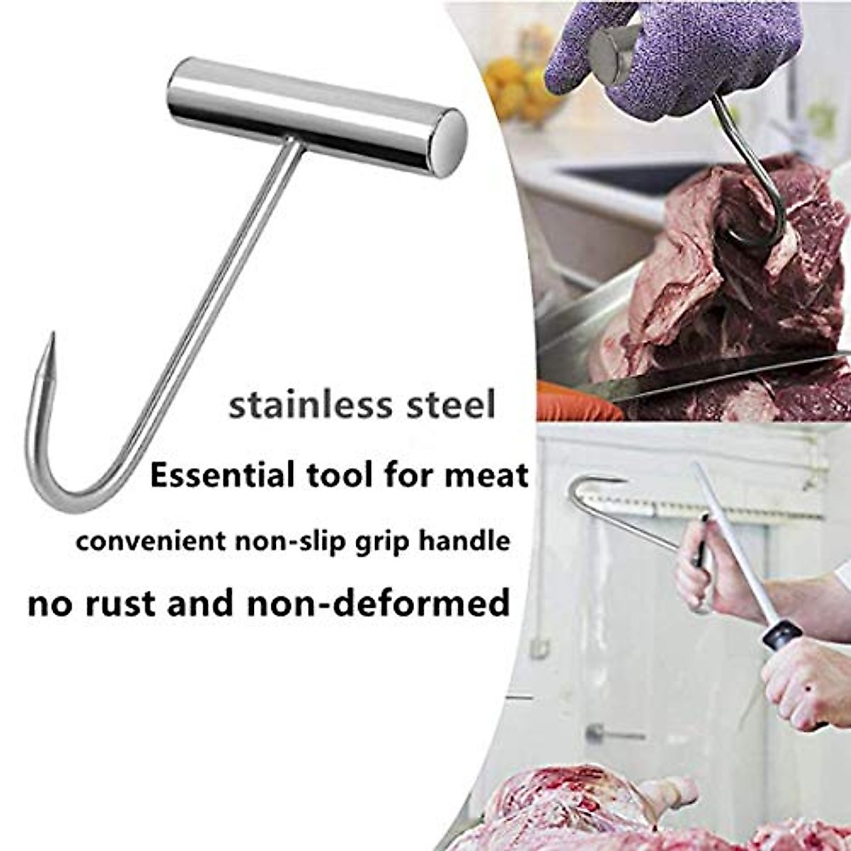 2PCS Meat Hooks for Butchering Stainless Steel T Hooks T-Handle Boning Hooks with Handle