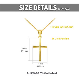 14k Gold Cross Pendant and Wheat Chain Necklace for Women, Baptism Jewelry Confirmation Gifts for Her, 18 inch