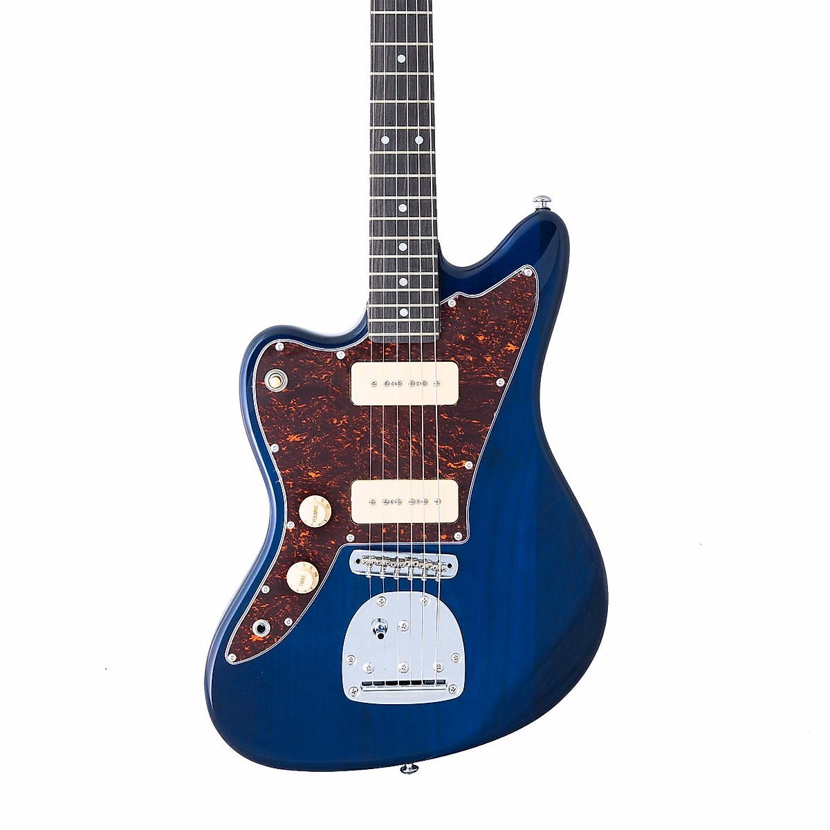 CNZ Audio JM Electric Guitar - Left Handed - Transparent Midnight Blue, Amber Maple Neck, Rosewood Fingerboard, Ivory Pickups & 3ply Tortoise Pickguard