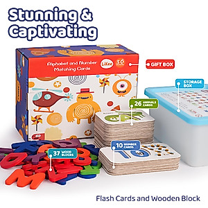 LiKee Alphabet Flash Cards Wooden Letter Puzzle ABC Sight Words Matching Games Counting Board Preschool Educational Montessori Toys for Toddlers Boys Girls 3+ Years (36 Cards& 37 Wood Pieces)