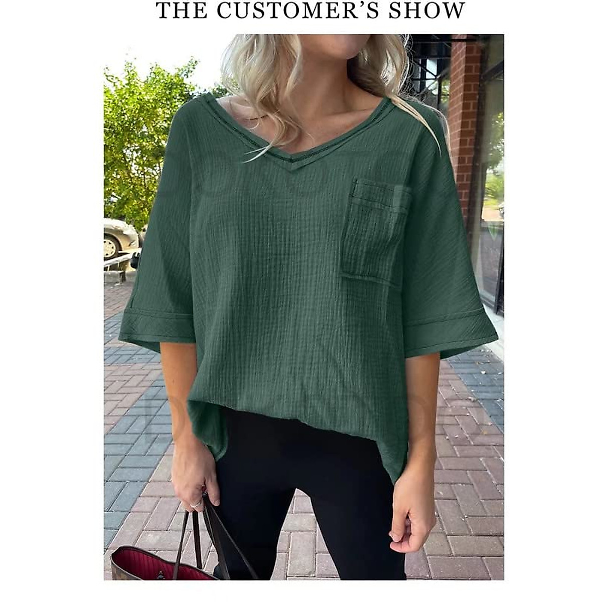 Dokotoo Womens Juniors Elegant Casual Spring Summer Shirts and Blouses for Women 2023 T-Shirts V Neck 3/4 Sleeve Cotton Tunic Tops Loose Shirts with Pocket Green Large