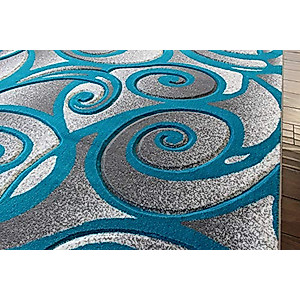 Masada Rugs, Grey White Turquoise Modern Woven Area Rug, Hand Carved (8 Feet X 10 Feet, Turquoise)
