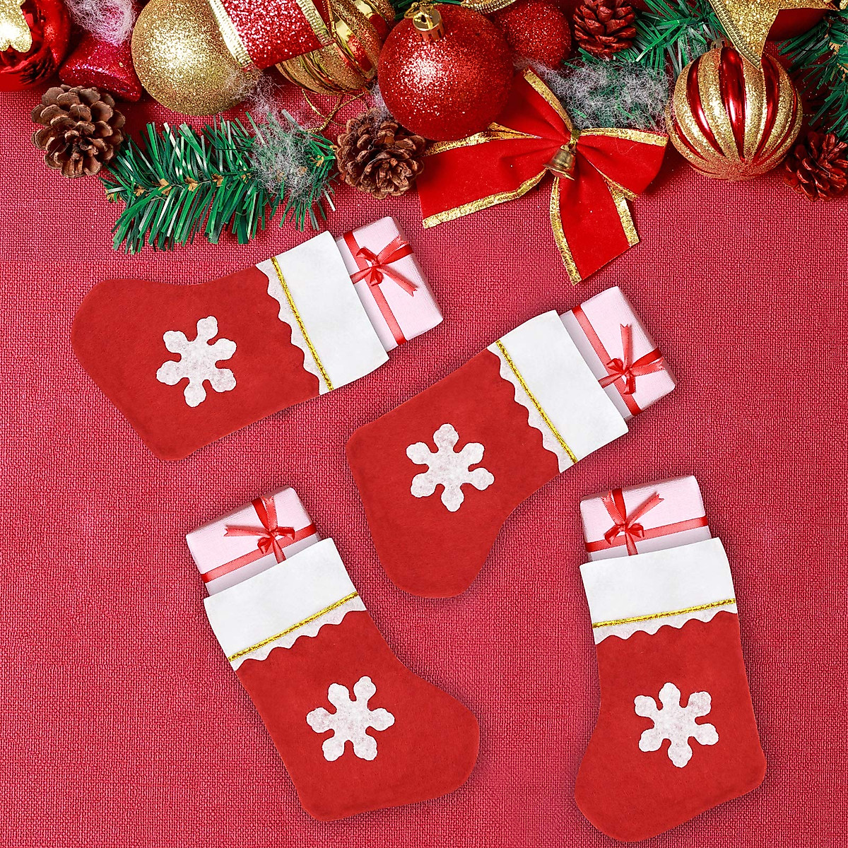 Jmkcoz 20 Pack Christmas Mini Stockings Sock Decoration Snowflake Tableware Holders, Red Felt Knife Spoon Fork Bag Candy Pouch Bag Plush Cuff Socking for Xmas Party Tree Dinner Table Home Ornaments