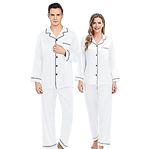 SWOMOG Bridesmaids Pajama Set for Women Long Sleeve Sleepwear Silk Soft Button Down Loungewear Pjs Set White