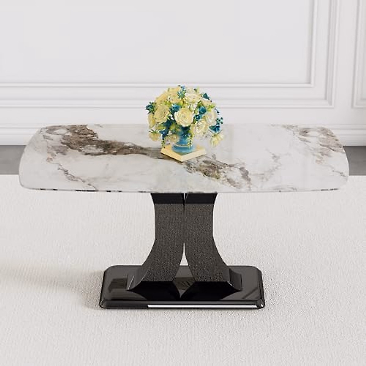 63" Glass Dining Table with White Imitation Marble Top, Kitchen Table for 4 or 6, Modern Dinner Tables with Black MDF Base, Large Dining Room Table for Dining Room/Kitchen, Easy Assembly