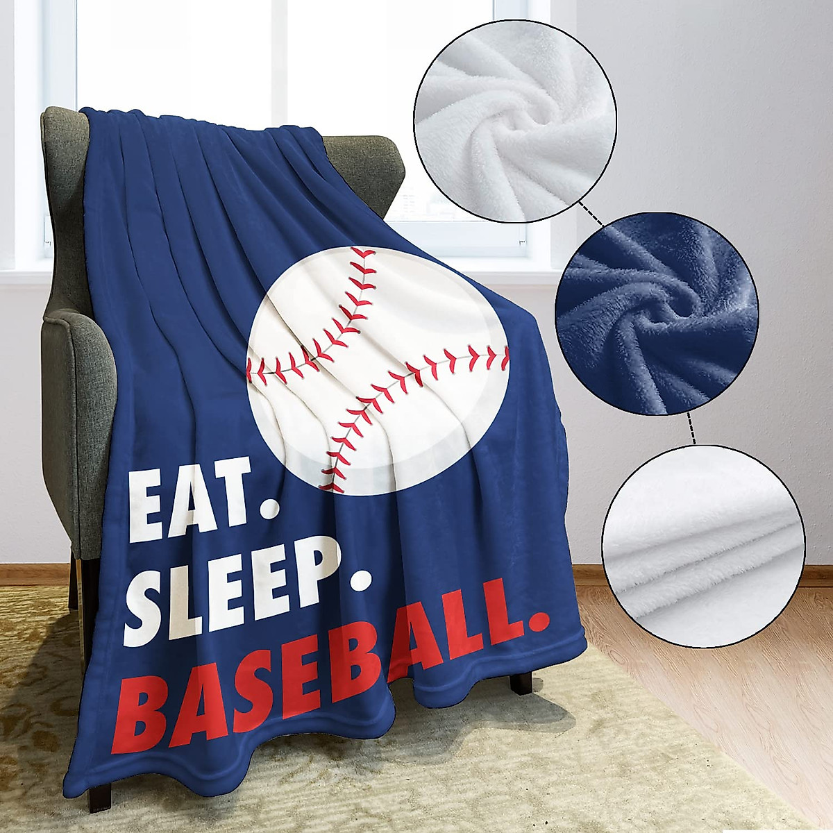 HommomH Sports Fleece Blanket 50" x 60" Eat Sleep Baseball Navy Blue Lightweight Fuzzy Cozy Soft Warm Throw for Man Boy Teen, Air Conditioning