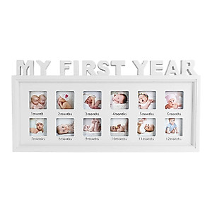 My First Year Picture Frames Baby Moments Keepsake Photo Frame Newborn Infant Collage Frame Boys Girls Shower Gift Wall hanging 12 Month Frame for Room Wall Nursery Décor Elegant White Natural Wood