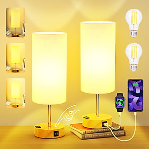 ZEXDOK Table Lamps Set of 2 with USB Ports and Outlets, Touch Control Lamps for Bedroom 3-Way Dimmable Nightstand Lamps with USB A+C Charging Ports & Ac Outlet for Living Room, Dorm, Home Office