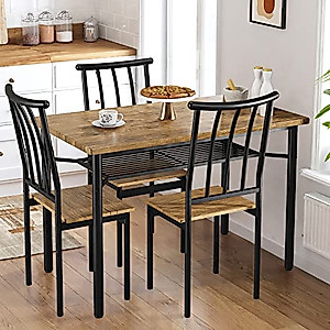 IDEALHOUSE Dining Table Set for 4, Kitchen Table with 4 Chairs, Metal and Wood Rectangular 5-Piece Dining Table Furniture Set with Storage Rack for Small Space, Apartment, Dinette(Rustic Brown)