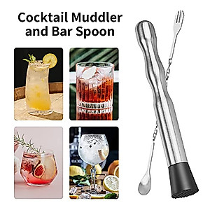 Muddler for Cocktails Bar Spoon - Vaincre 2PCS 9" Muddler and 10” Bar Spoon Cocktail Mixing Spoon, Stainless Steel Cocktail Muddler Long Drink Stirrer Bartender Spoon Cocktail Gifts for Mojitos Drinks
