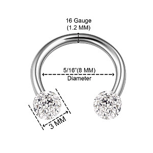 2PCS Surgical Steel Horseshoe Earrings 16 gauge 5/16 8mm 3mm Clear Crystal Ball Eyebrow Earrings Septum Piercing Jewelry 2145