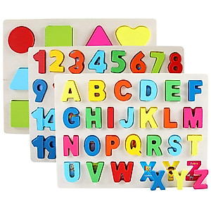 QZMTOY Wooden Puzzles for Toddlers, Wooden Alphabet Number Shape Puzzles Toddler Learning Puzzle Toys for Kids, 3 in 1 Puzzle for Toddlers, Age 3+ (Set of 3)