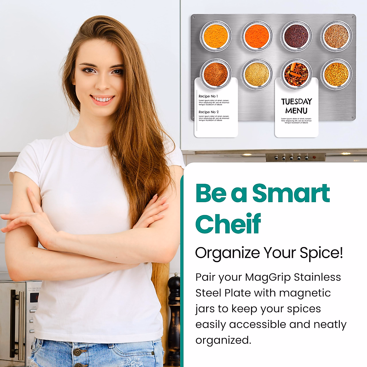 MagGrip GripPlate Stainless Steel Plate Spice Jar Grips | Easily attach over 6 Large 6.5 x 9 Inches | Any Space, Any Place not Included