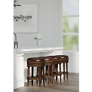 Maven Lane Pullman 26 Inch Tall Counter Height Upholstered Backless Barstool in Dark Walnut Finish with Vintage Brown Vegan Leather Cushion Seat