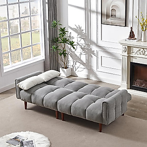 Antetek 81-inch Oversized Futon Sofa Bed, Modern Tufted Linen Fabric Convertible Sleeper Sofa Couch, Oversized Loveseat Sofa with 3 Adjustable Positions and 8 Wooden Legs for Living Room Office, Grey