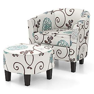 Giantex Small Accent Chair with Ottoman Set, Upholstered Barrel Chair with Footrest, Modern Accent Armchair with Ottoman, Round Club Chair for Living Room, Small Space, Bedroom (Blue Flower)