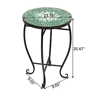 yzohu Birsppy Amuro Mosaic Accent Table Round Side Table, Wrought Iron Stained Glass Patio Flower Stand Outdoor Coffee End Table, Indoor Outdoor for Patio Lawn Garden Home (Green Surface)