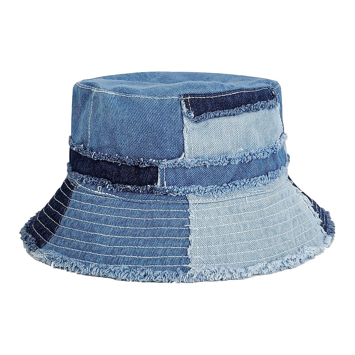GuanGu Ripped Denim Bucket Hats for Women Washed Packable Summer Beach Sun Hats Mens Bucket Hat for Travel(Classic Denim L/XL)