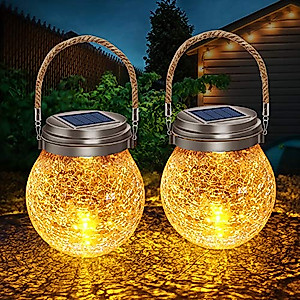 DBF Solar Lantern Crackle Glass Ball, Amber Warm Solar Lanterns Outdoor Waterproof Solar Garden Decor Patio Lights with 2 Modes Hanging Solar Lights Outdoor Decorative Lantern,2 Pack