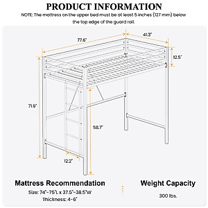 SHA CERLIN Junior Loft Bed Twin Size, Heavy Duty Twin Bed Frame with Full-Length Guardrail & Removable Stairs, Noise-Free, Space-Saving, No Box Spring Needed, Black