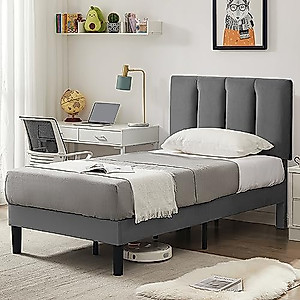 VECELO Twin Bed Frame with Upholstered Headboard, Platform Mattress Foundation with Strong Wooden Slats Support, No Boxing Spring Needed, Easy Assembly, Grey