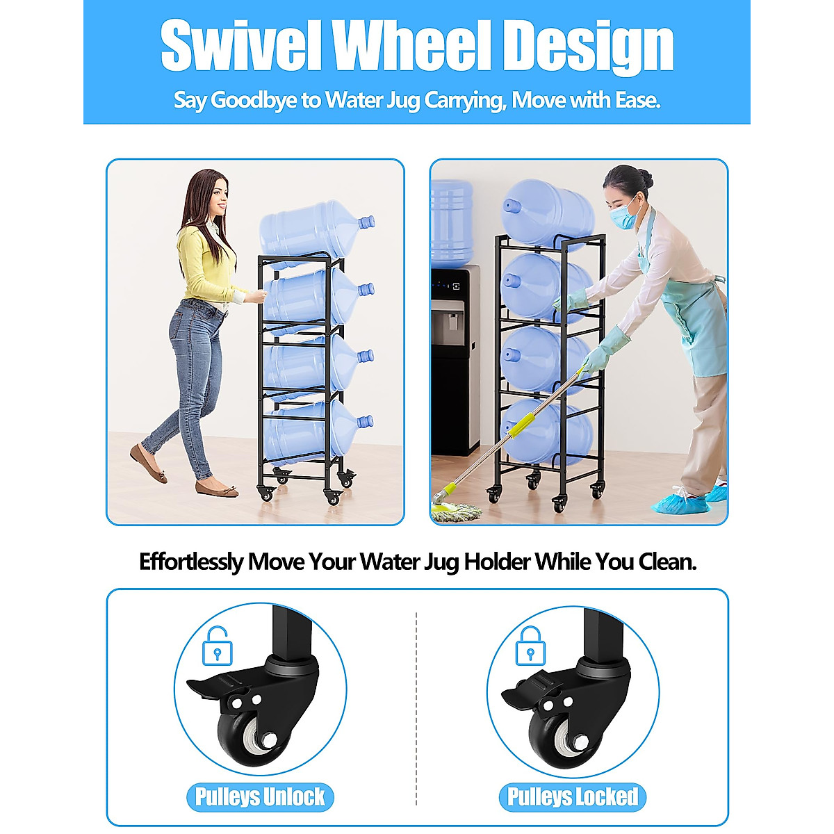 5 Gallon Water Jug Holder, Moveable 4 Tier Heavy Duty Water Rack with 4 Wheels, Rack for Water Jug Storage, Space Saving Water Stand for Four 5 Gallon Water Jugs, Black