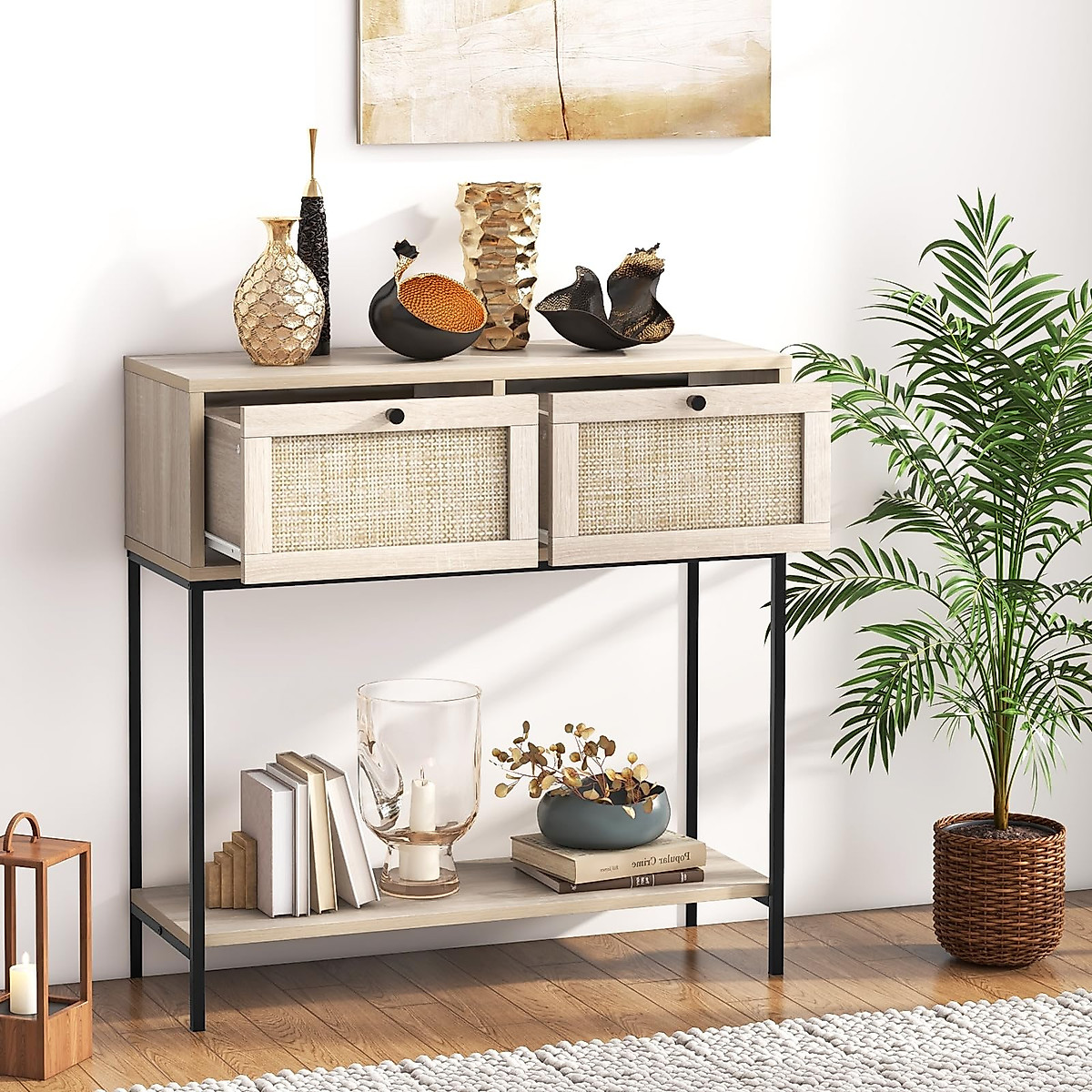 Giantex Console Table with Rattan Drawers - 31.5" Entryway Table w/ 2 Drawers & Open Storage Shelf, Metal Frame, Boho Style Long Sofa Side Table, Narrow Entry Table for Living Room Foyer Hallway