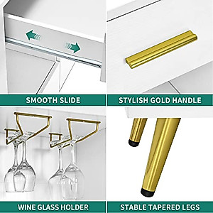 YITAHOME Sideboard Buffet, Buffet Cabinet Storage Credenza w/Adjustable Shelf, Wine Glass Holder, Drawers, Modern White & Gold Dresser 300 lbs Capacity for Living Room, Kitchen, Dining Room, White