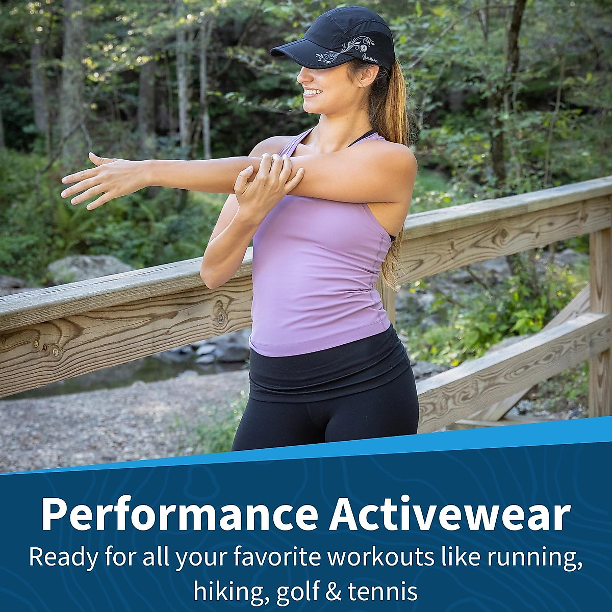 TrailHeads Folding Bill Running Hat for Women | Summer Cap with UV Protection (Black Print)