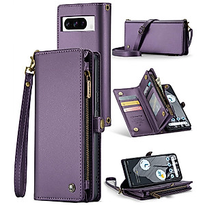 ASAPDOS Google Pixel 8 Pro Case Wallet(2023),Retro PU Leather Strap Wristlet Flip Case with Magnetic Closure,[RFID Blocking] Card Holder and Kickstand for Men Women Purple