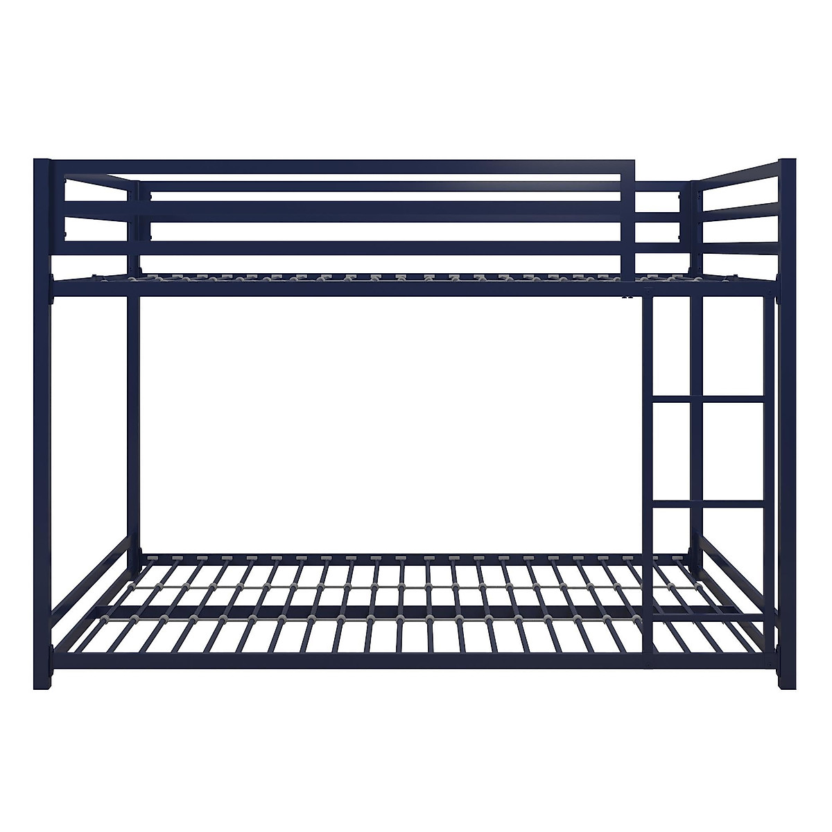 DHP Miles Low Metal Bunk Bed Frame for Kids, With Built-in Ladder, High Guardrail and Metal Slats, Floor Bed Bottom Bunk, No Boxspring Required, For Small Spaces, Full-Over-Full, Blue