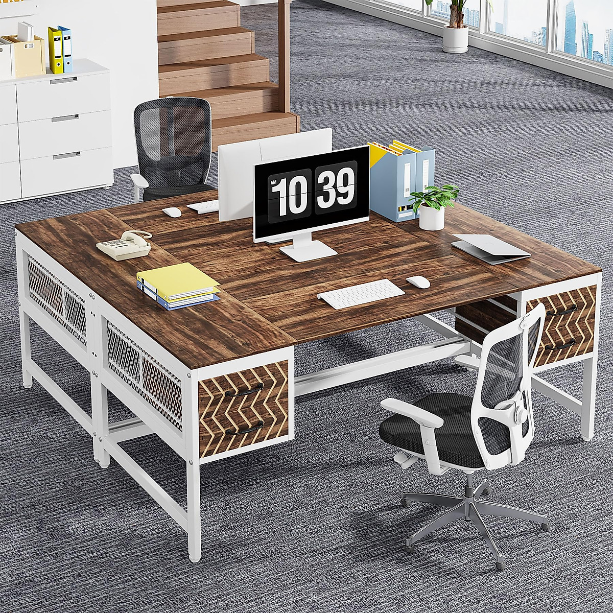 Tribesigns Computer Executive Desk with Drawers: Wood 63" Computer Desk with 4 Storage Drawers, Farmhouse Study Writing Table, Herringbone Business Furniture for Home Office, Brown and White